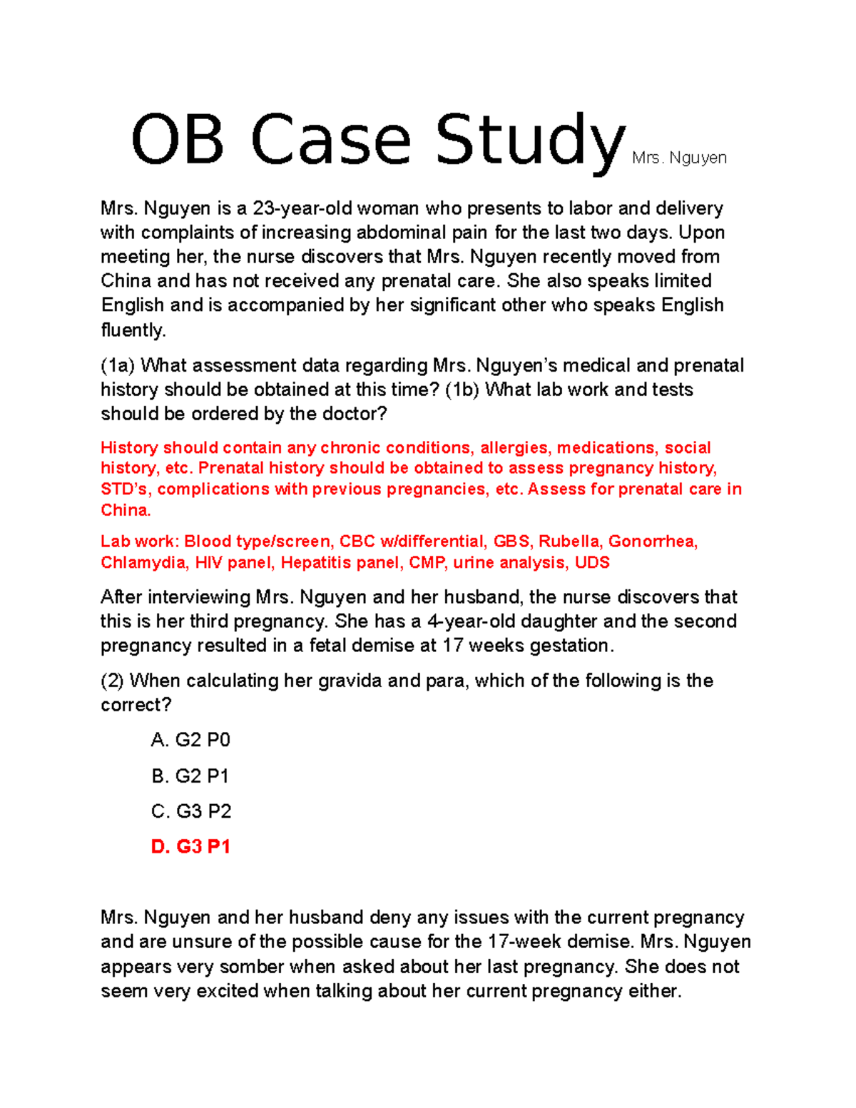 OB Case Study on Mrs. Nguyen: Assessment & Nursing Interventions - Studocu