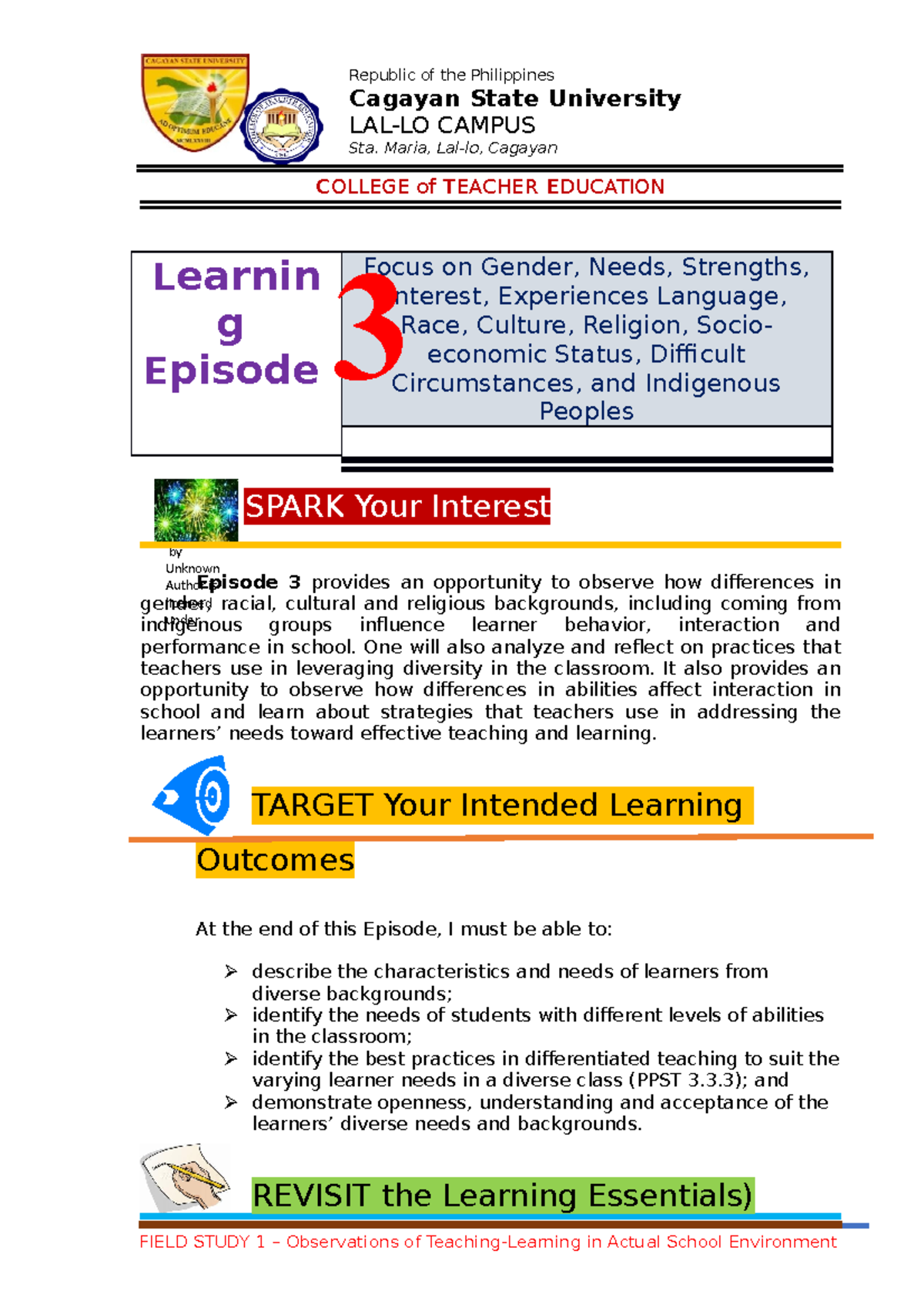 Field Study 1: Episode 3 - Understanding Learner Diversity - Studocu