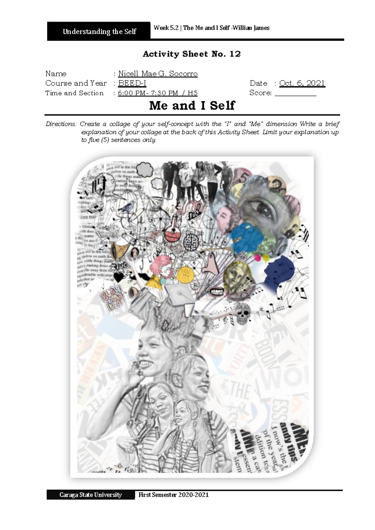BEED-I Activity Sheet No. 12: The Me and I Self Collage Explanation ...