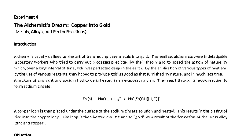 Experiment 4: Transmuting Copper to Gold via Redox Reactions - Studocu