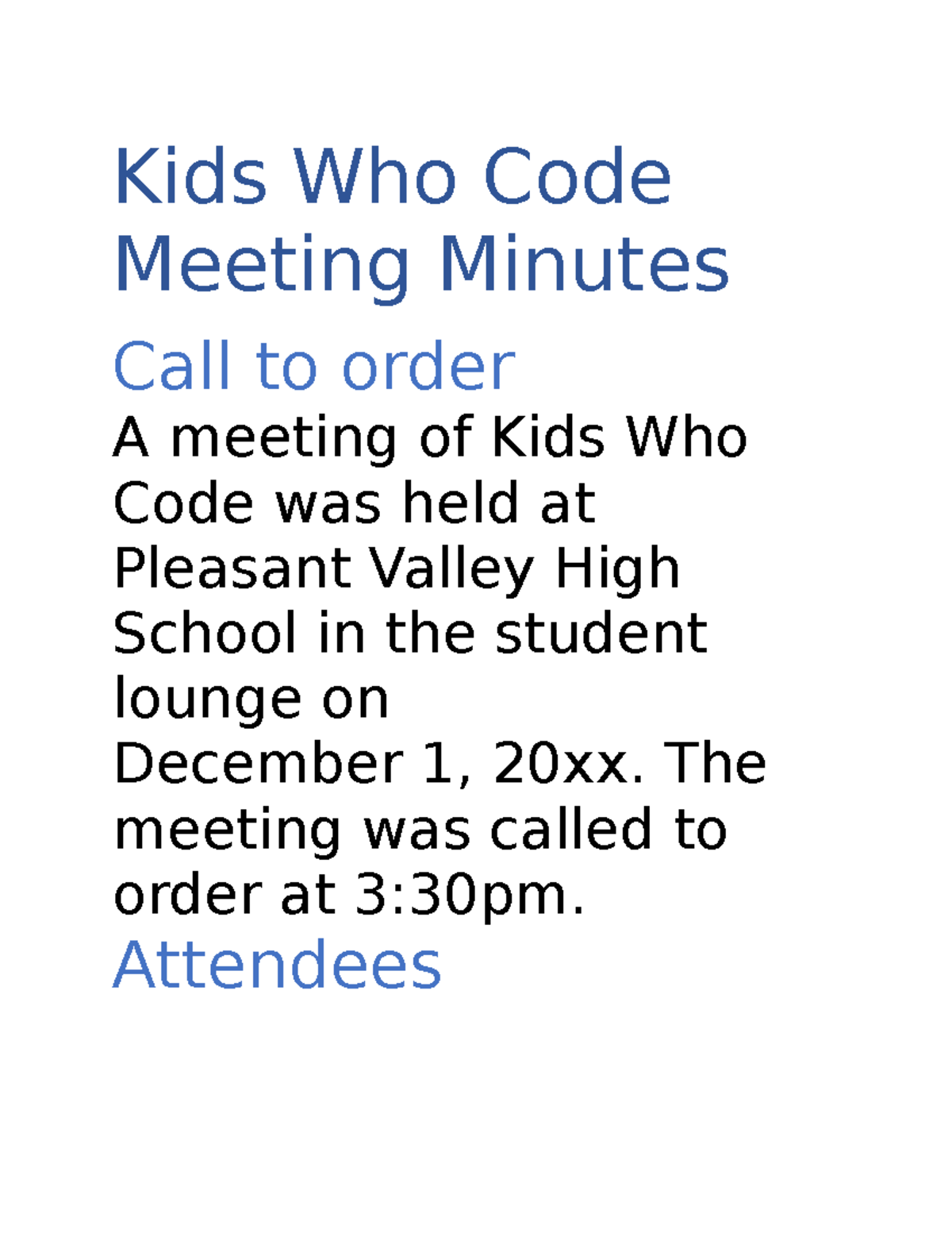 3.9 Kids Who Code - Meeting Minutes from December 1, 20xx - Studocu