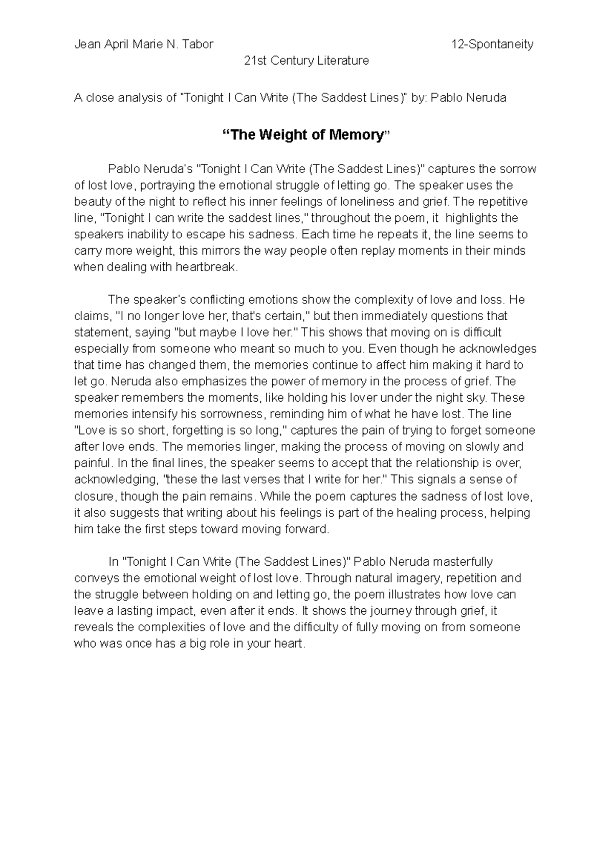 A Close Analysis of "Tonight I Can Write" by Pablo Neruda (12 ...