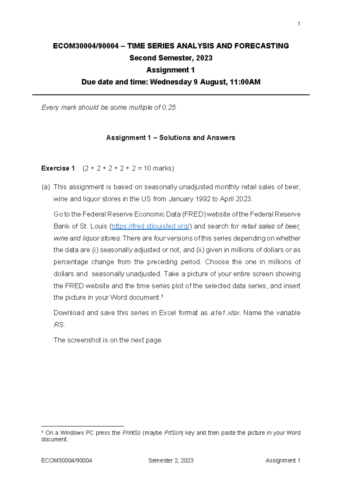 ECOM30004/90004 Assignment 1 Solutions - Time Series Analysis 2023 ...