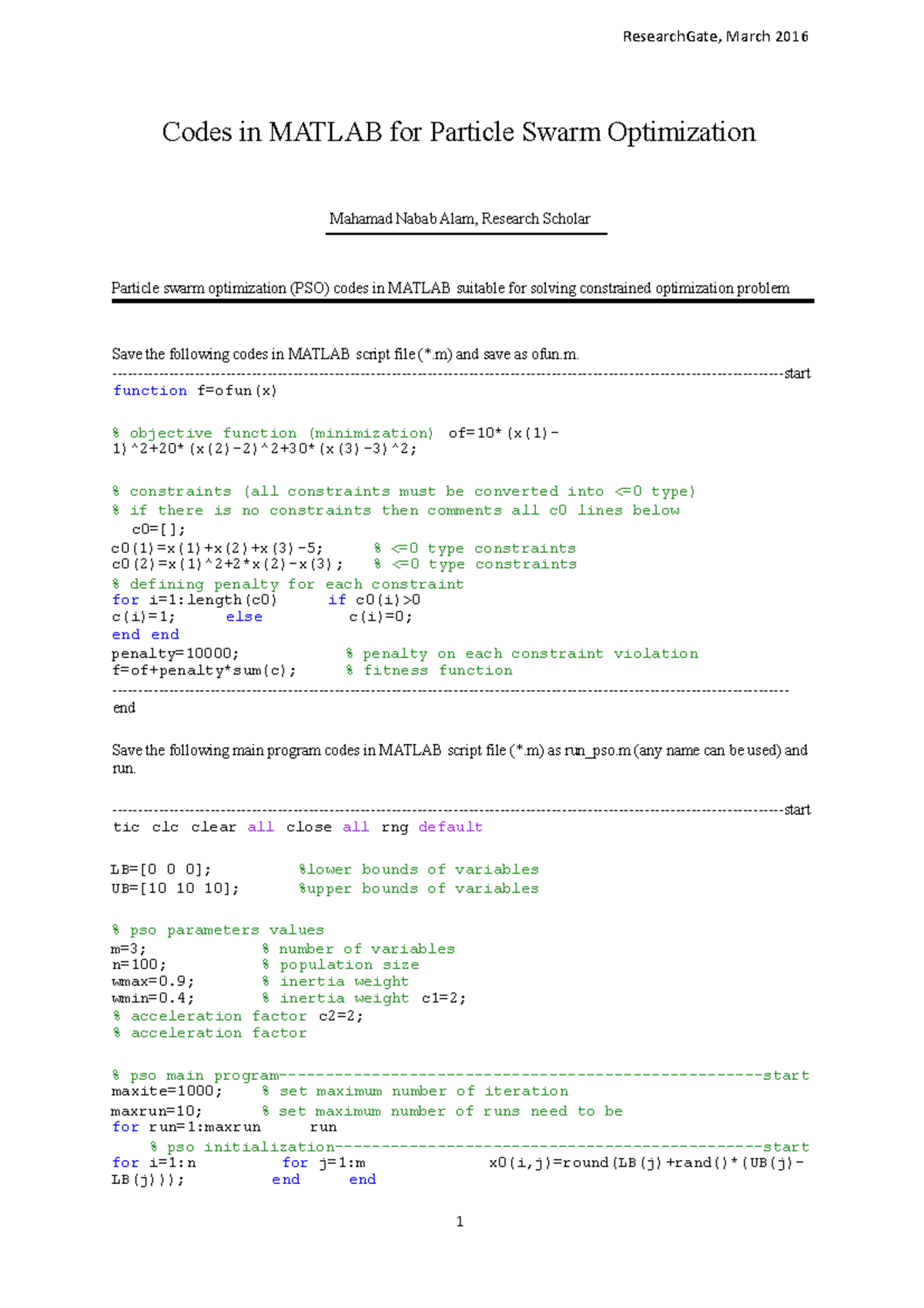 MATLAB PSO Codes for Constrained Optimization Problems (PSO-2023) - Studocu