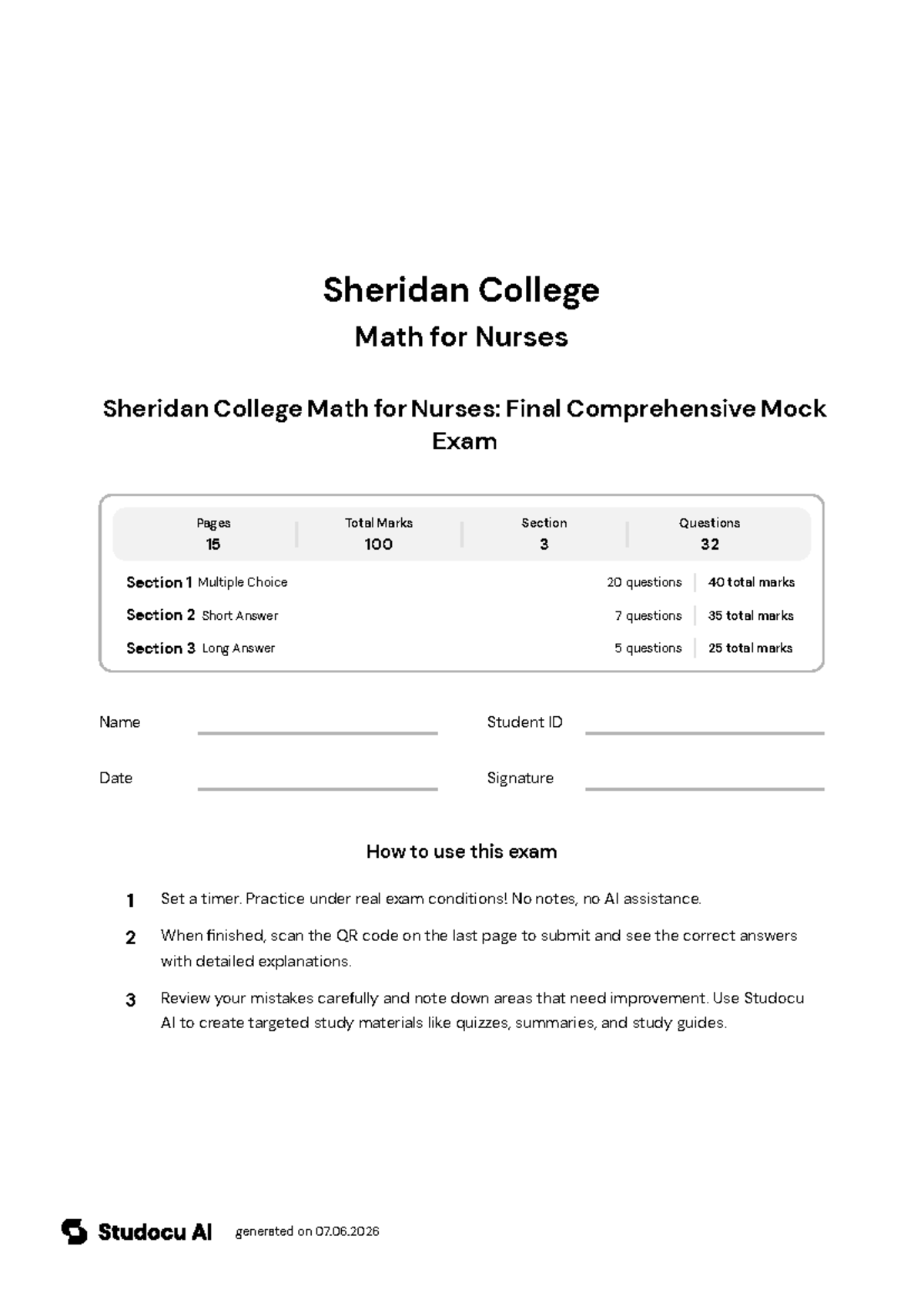 Sheridan College Math for Nurses: Final Comprehensive Mock Exam - Studocu
