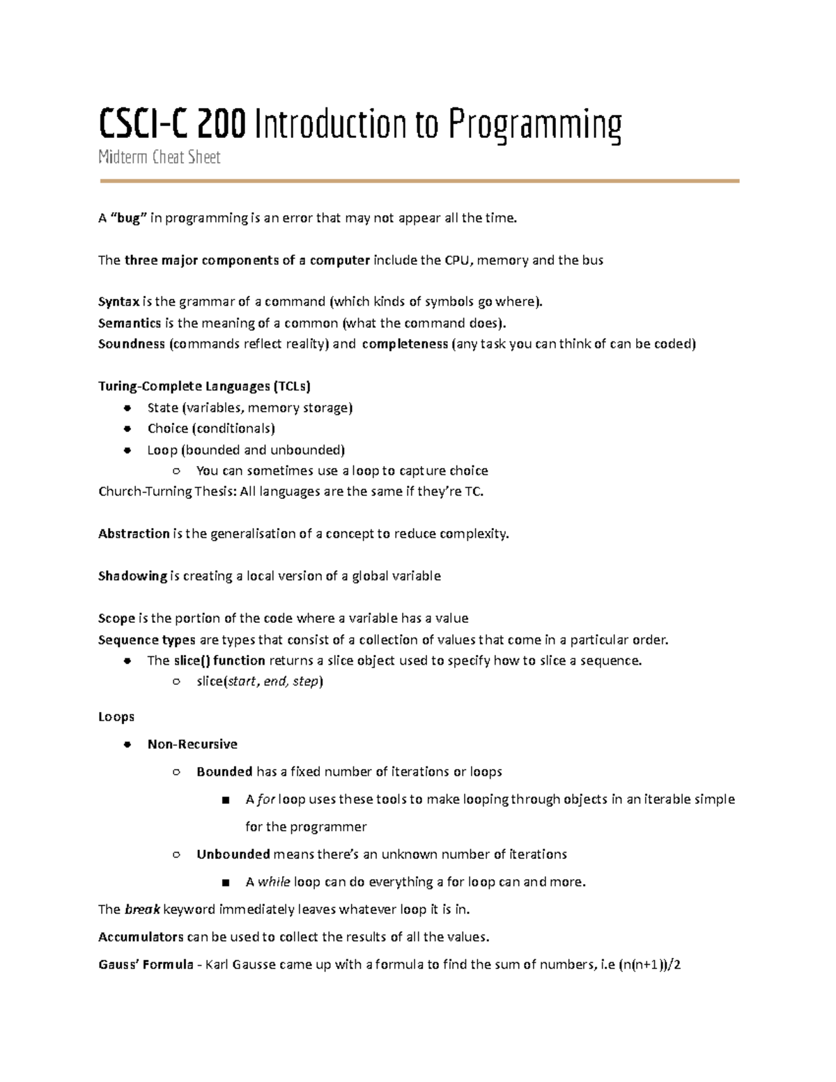 CSCI-C 200 Midterm Programming Concepts Summary Cheat Sheet - Studocu