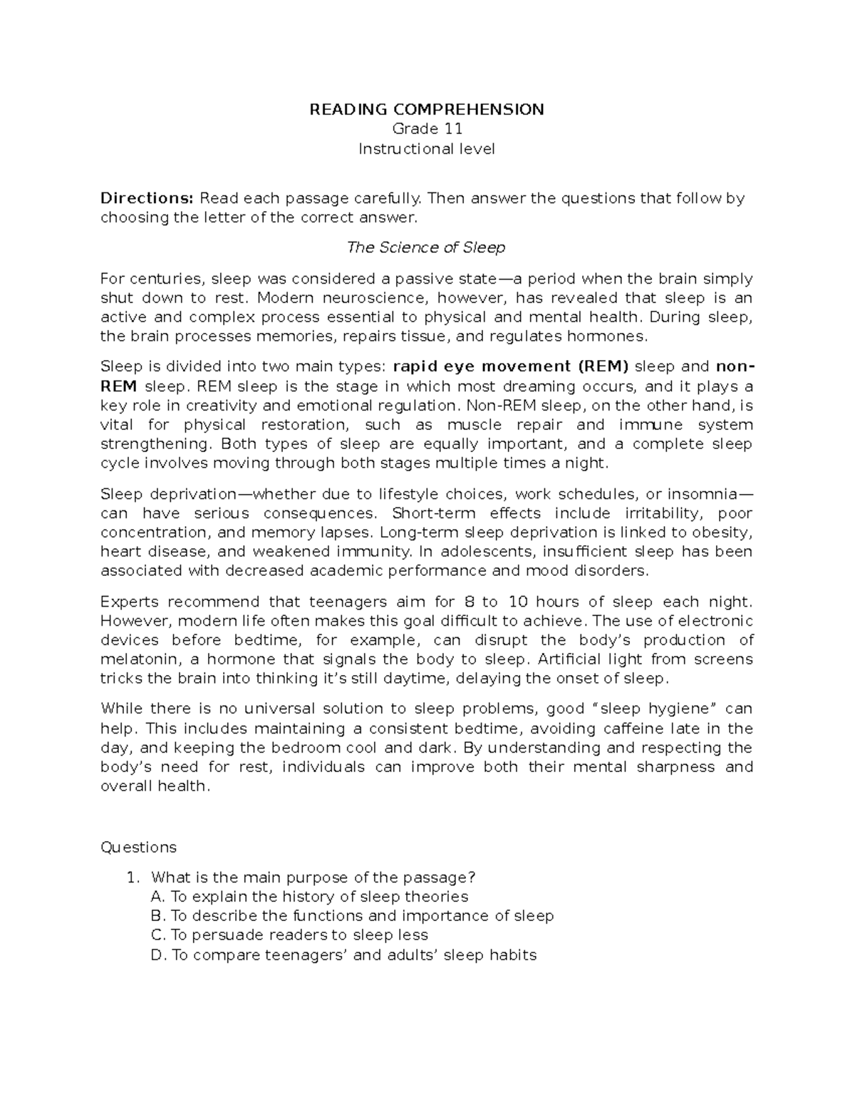 Reading Comprehension G11: The Science of Sleep - Instructional Guide ...