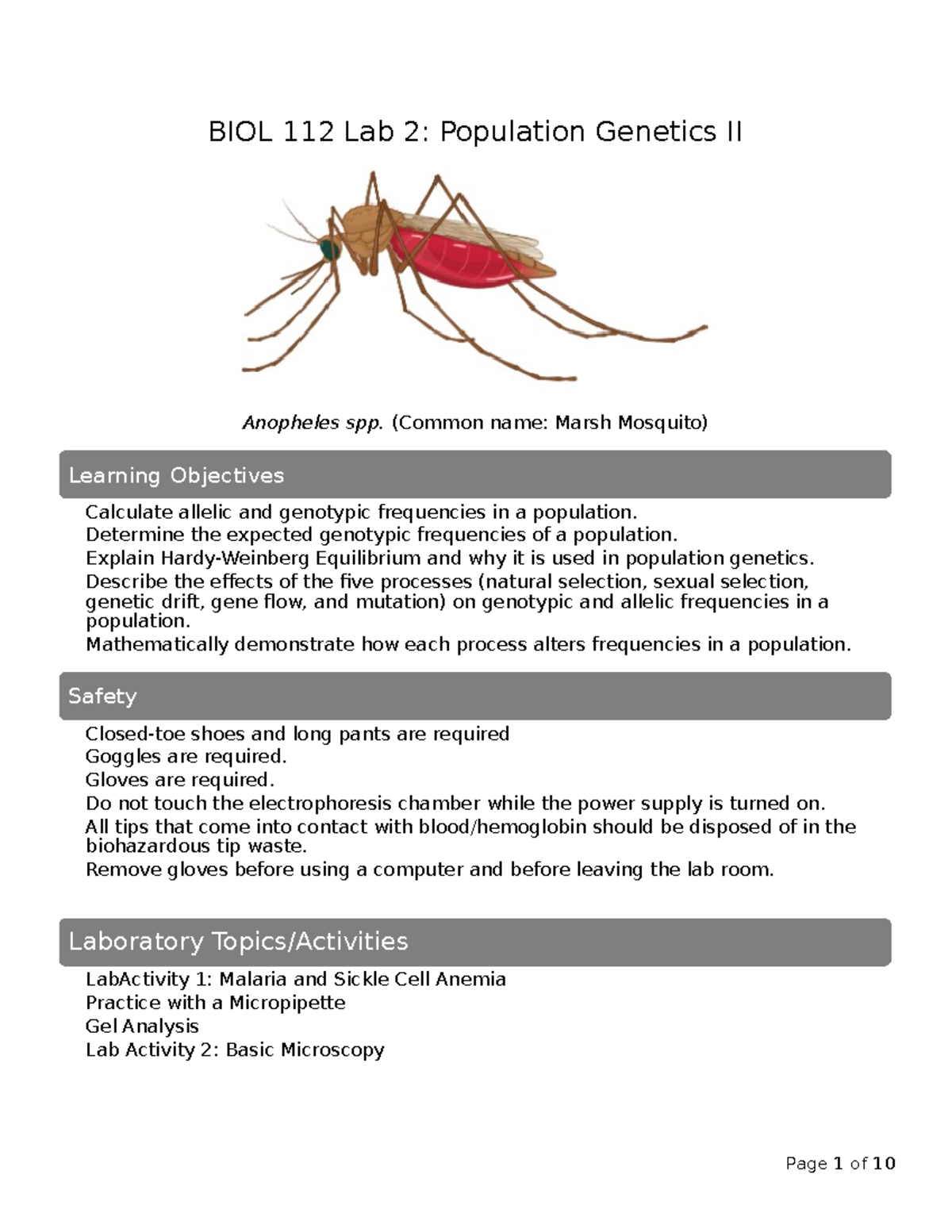 Lab 2: Population Genetics II Protocol & Data Analysis for BIOL 112 ...