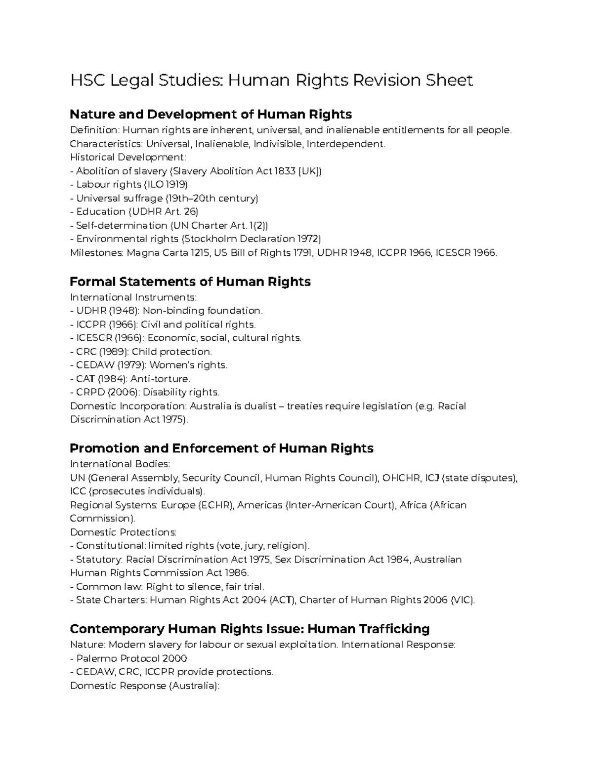 HSC Legal Studies: Human Rights Revision Notes and Key Concepts - Studocu