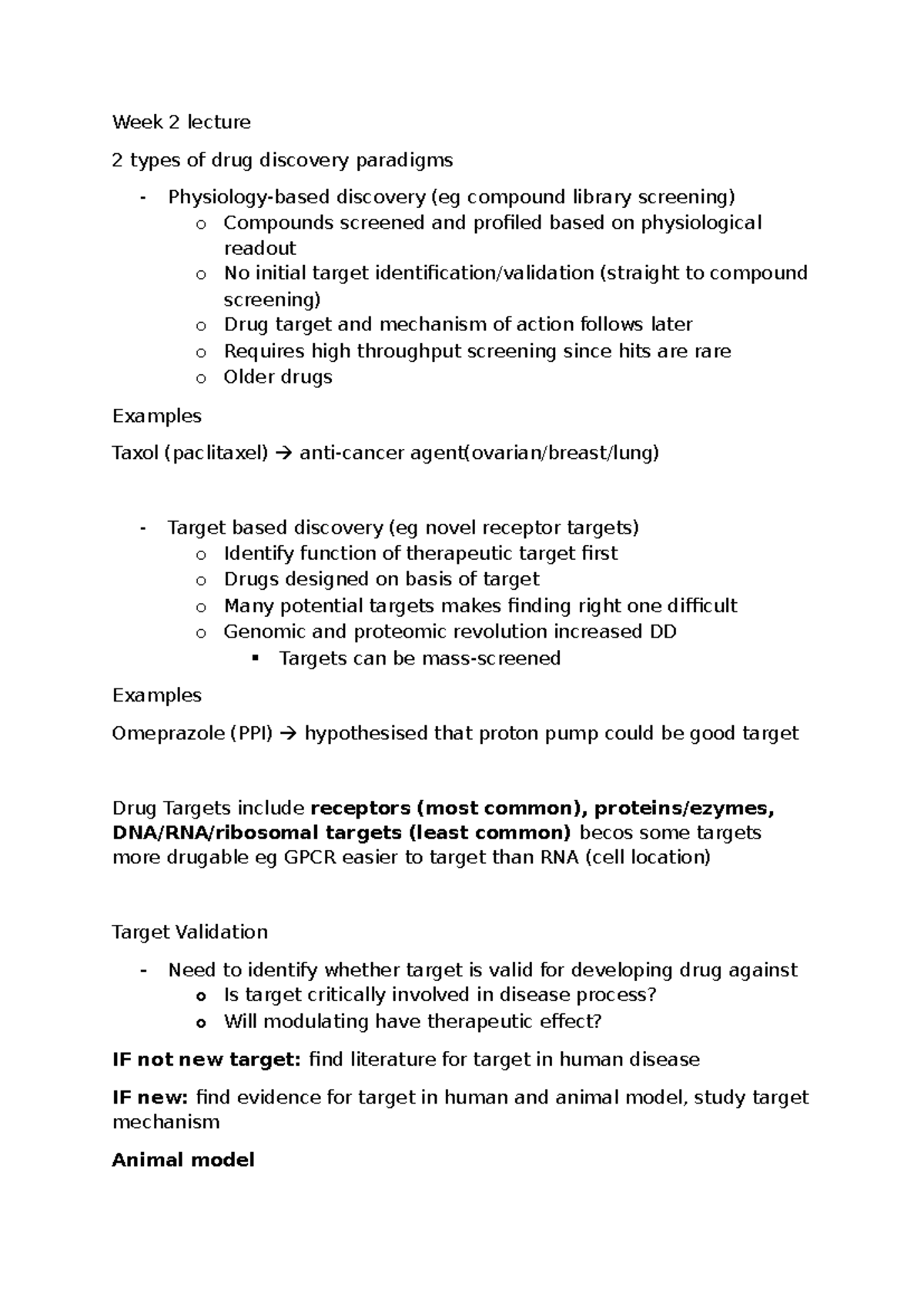 Biot3002 Week 2-6 Lecture Notes on Drug Discovery Paradigms and ...
