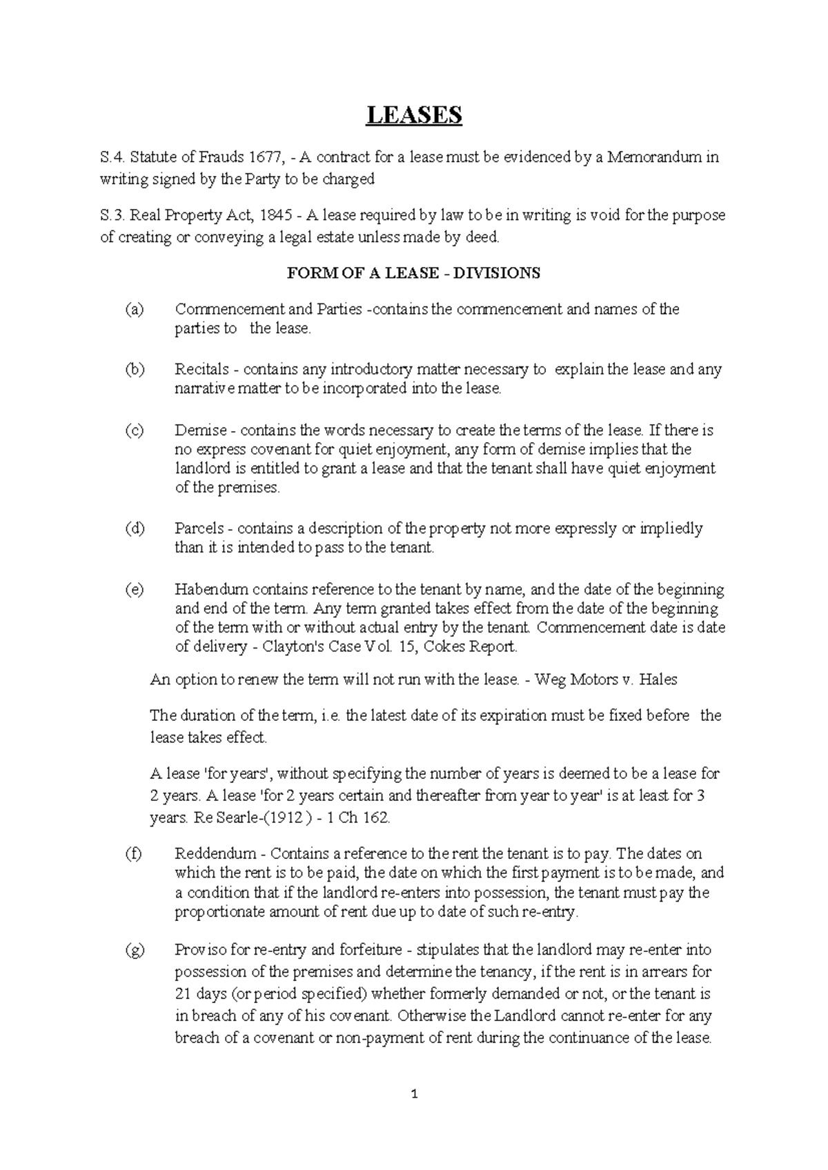 Leases S.4: Summary of Lecture Notes on Statute of Frauds and Lease ...
