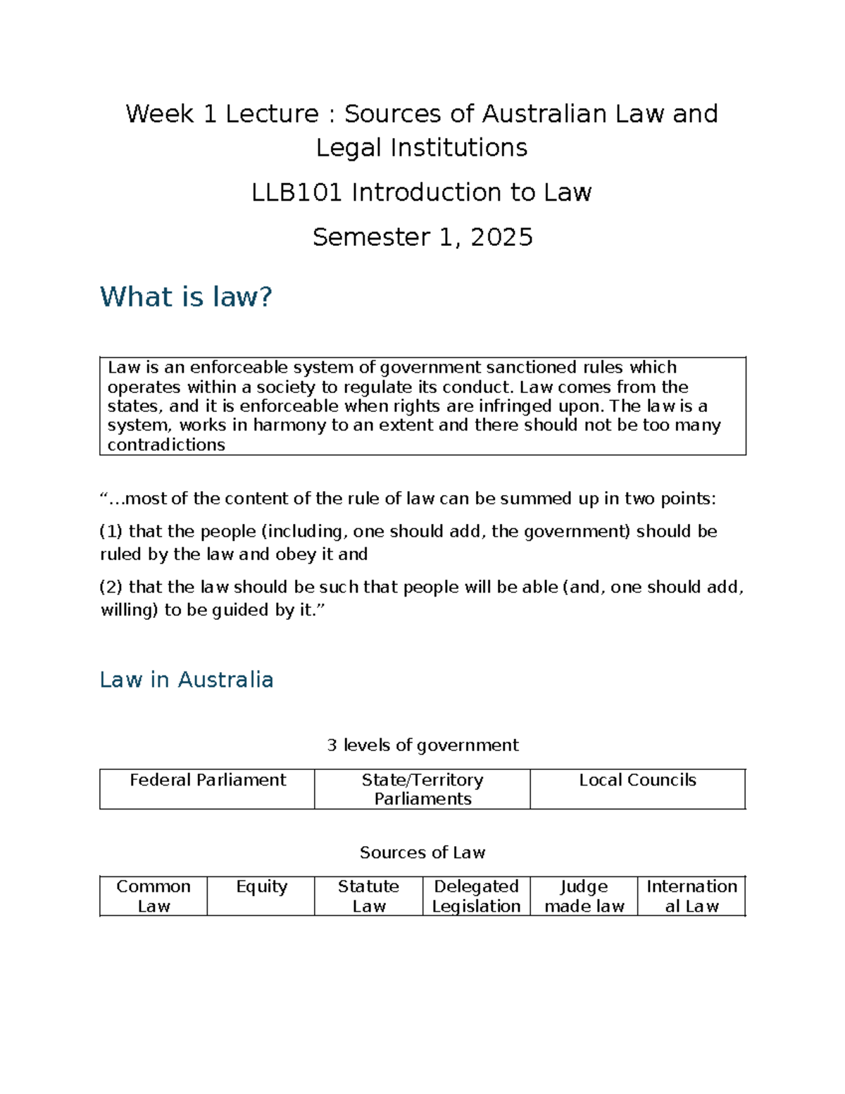 LLB101 Lec 01 - DOt - Week 1 Lecture : Sources of Australian Law and ...
