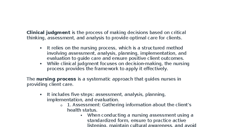 NUR 101: Clinical Judgment and Nursing Process Overview - Studocu