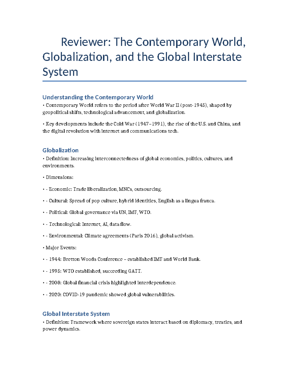 Contemporary World Globalization Reviewer - 🌐 Reviewer: The ...