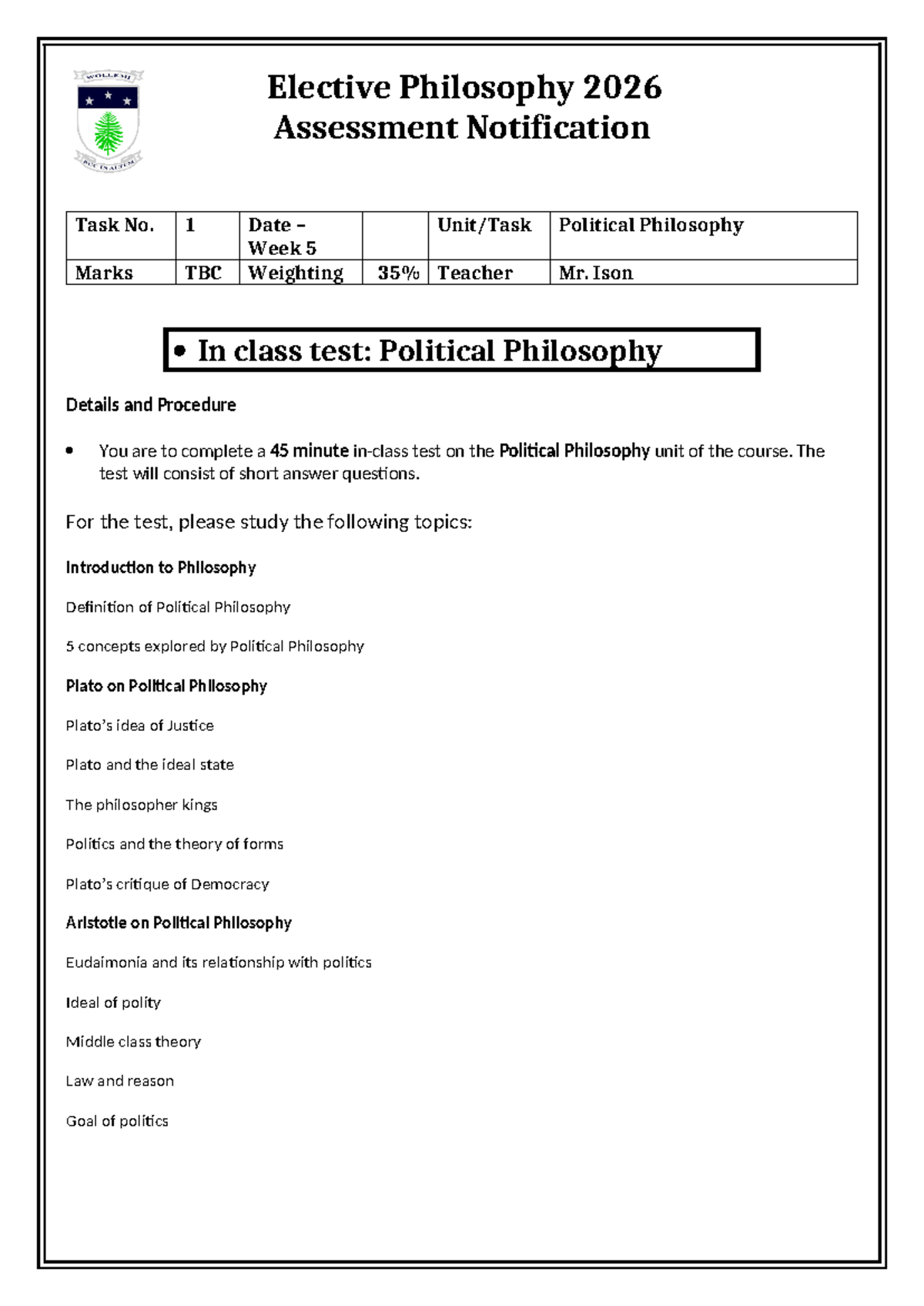 Wollemi College - Elective Philosophy 2026 - Assessment Task 1 Details ...