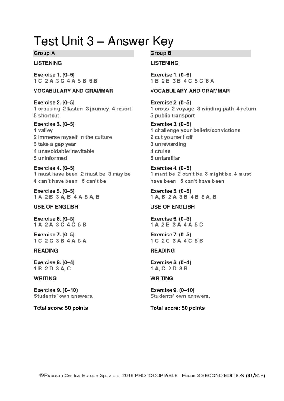 Focus 3 2E Test Unit 3 Answer Key: Listening, Vocabulary, Grammar - Studocu