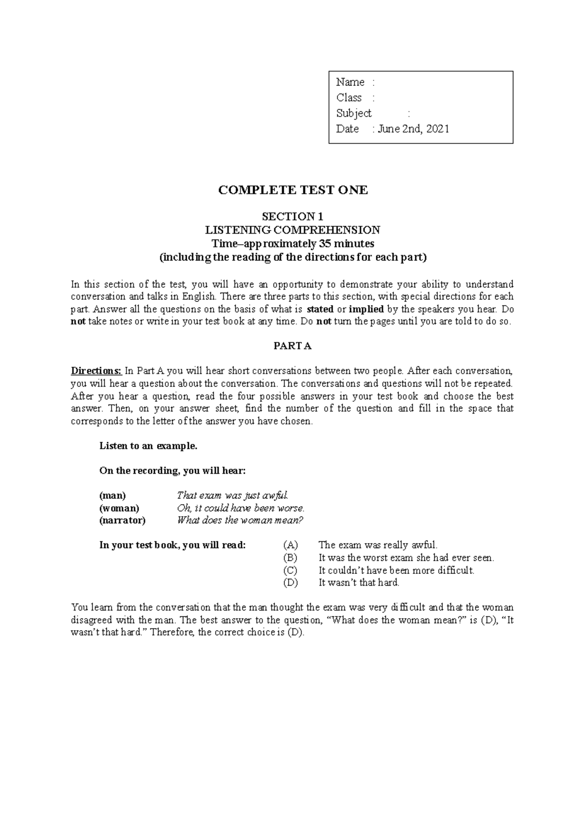 Listening Comprehension Test - Part A Analysis and Questions - Studocu
