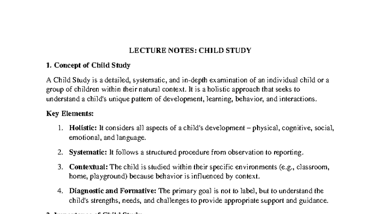 LECTURE NOTES: CHILD STUDY 1 - Understanding Child Development - Studocu