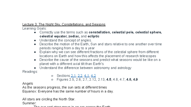 AST101 Lecture 3: The Night Sky, Constellations & Seasons Notes - Studocu