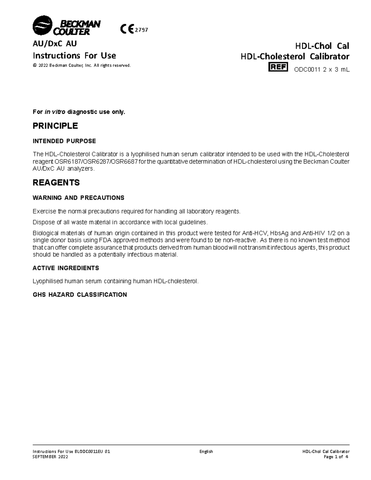 AU480 HDL-Cholesterol Calibrator Instructions & Safety Data - Studocu