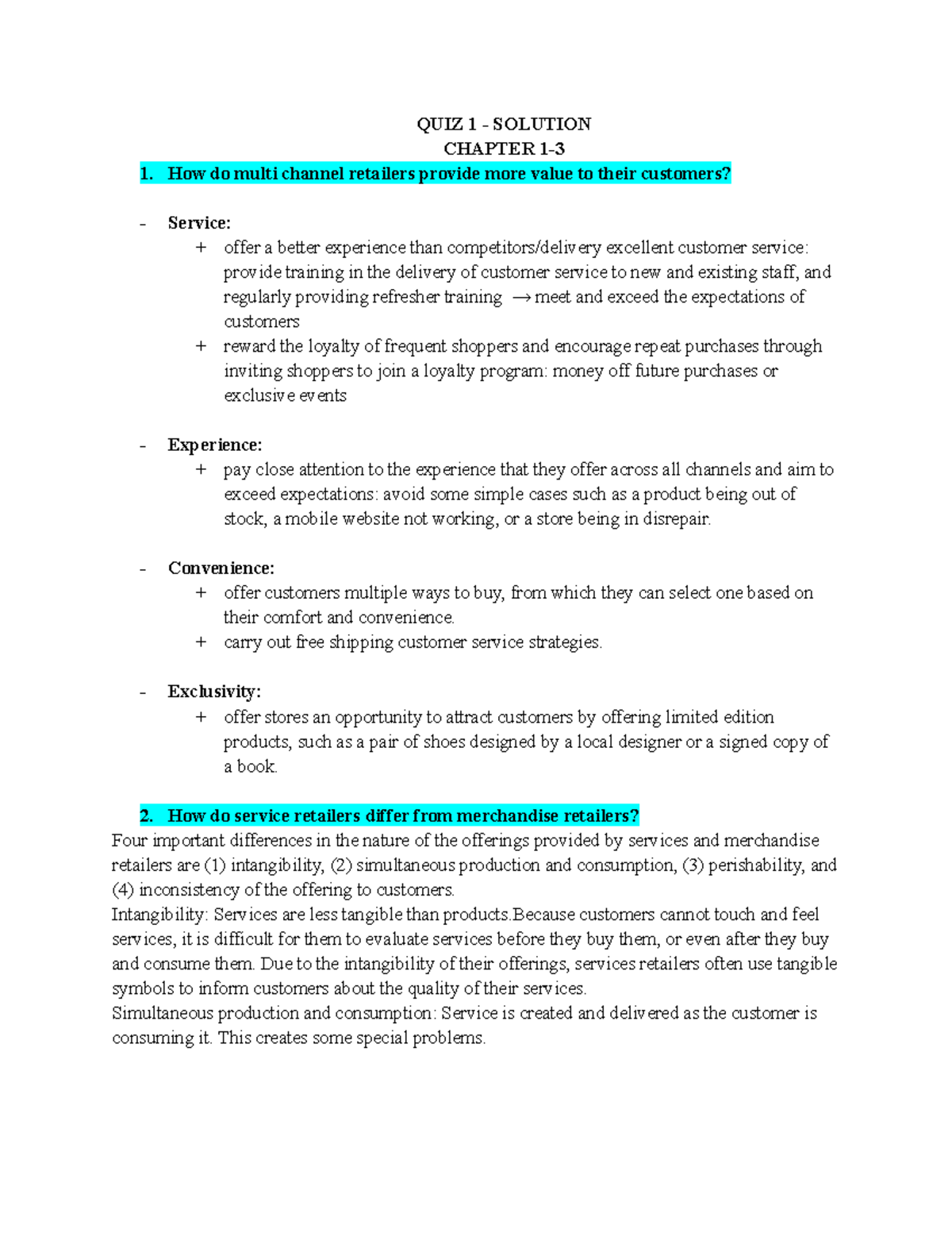 Retail QUIZ solution - QUIZ 1 - SOLUTION CHAPTER 1- 1. How do multi ...