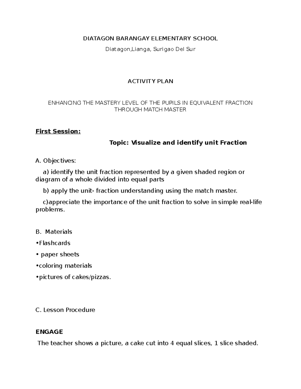 ACTIVITY PLAN: ENHANCING MASTERY IN EQUIVALENT FRACTIONS (1&2 8 LP ...
