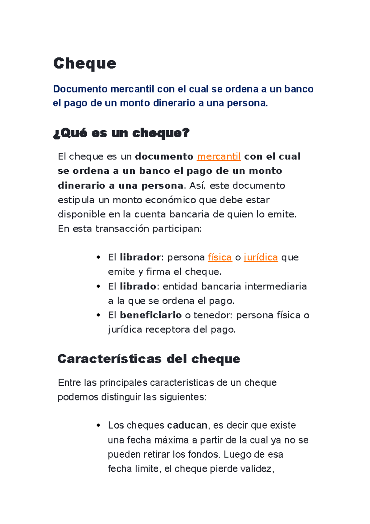 Partes y Características del Cheque: Claves para su Comprensión - Studocu