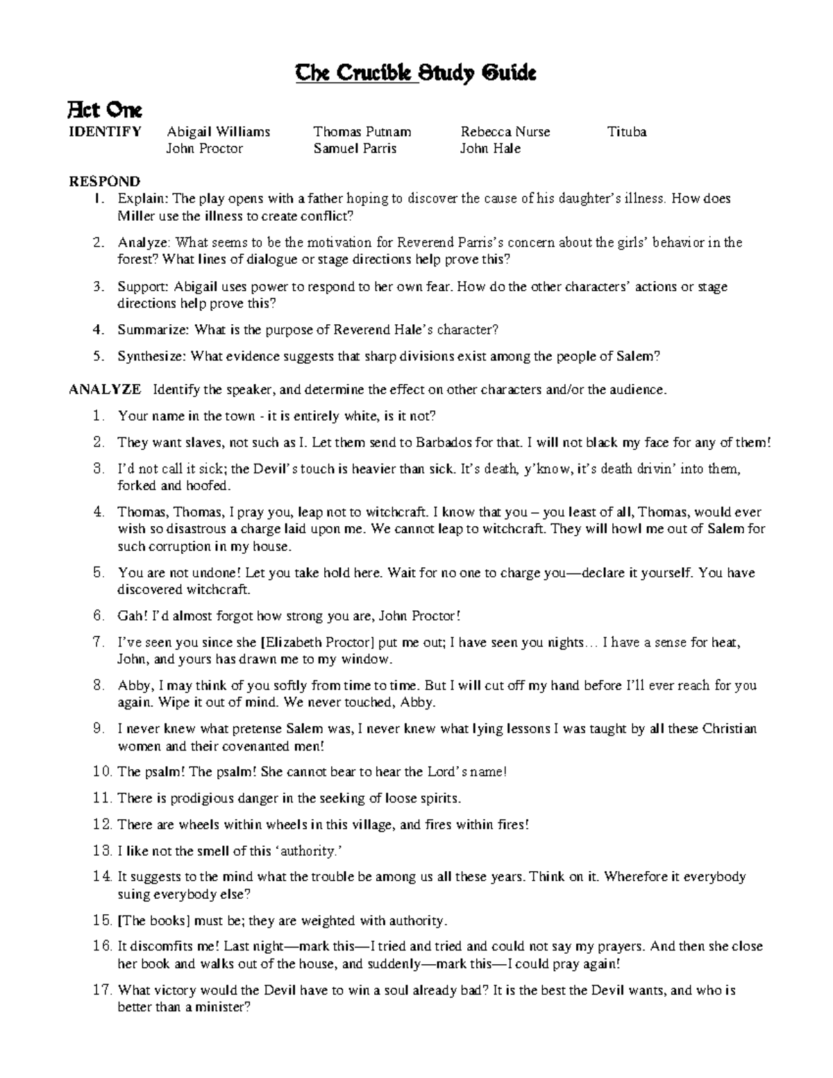 Crucible Study Guide (Acts 1-4) Analysis & Character Insights - Studocu