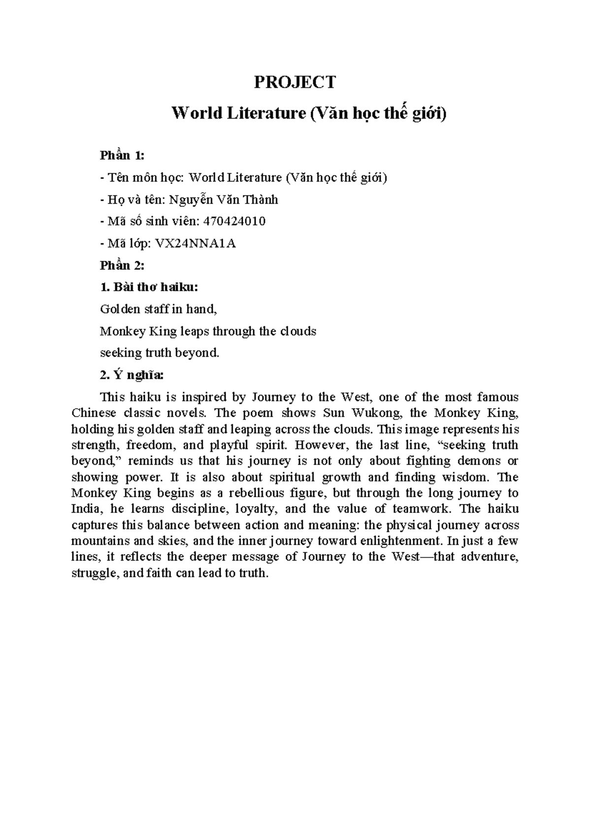 World Literature Project: Haiku Analysis of Journey to the West - Studocu