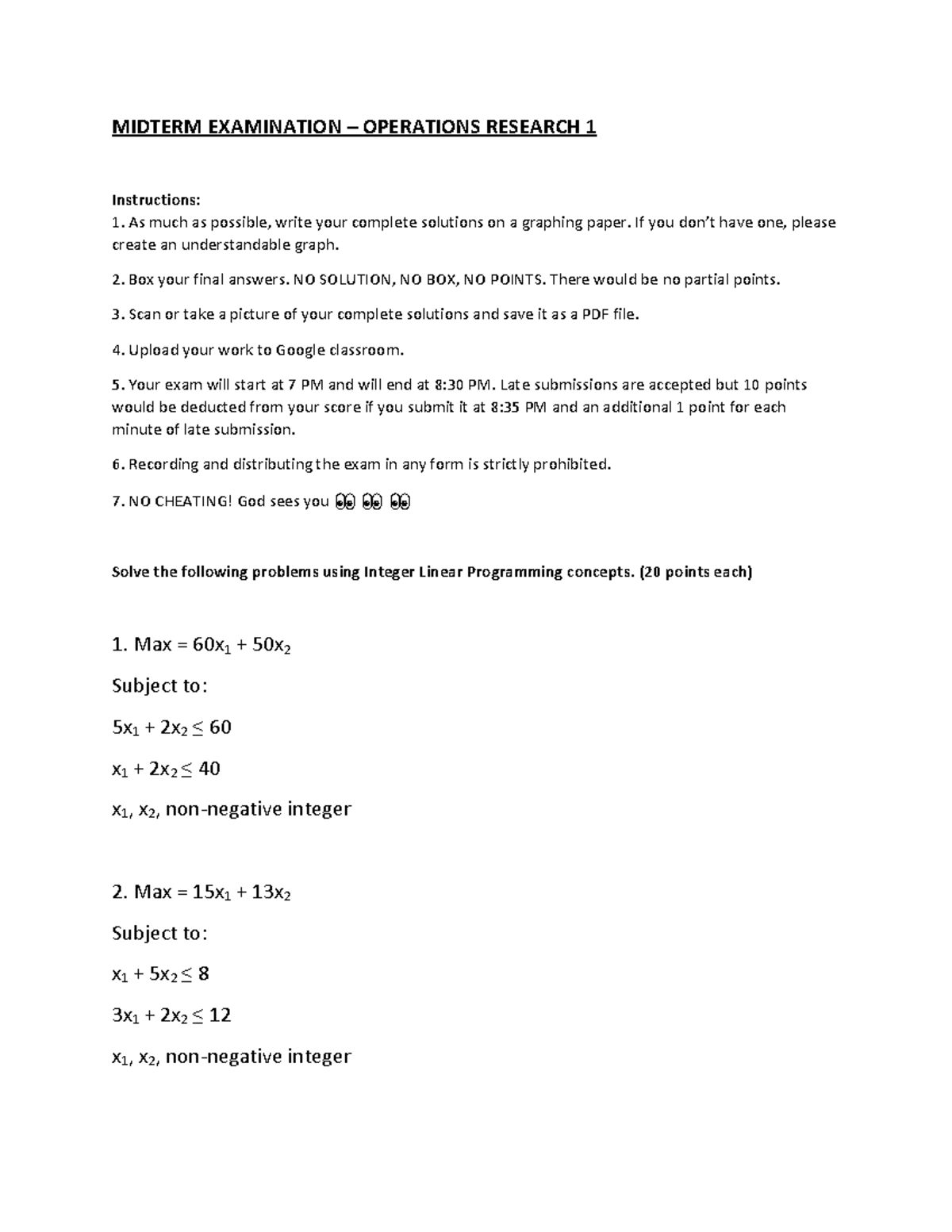 OR 1 Midterm Exam: Integer Linear Programming Solutions Guide - Studocu
