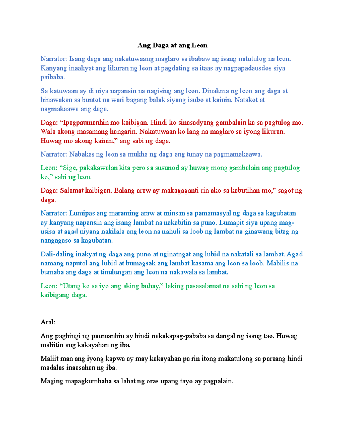 Script ng Ang Daga at ang Leon: Aral at Kuwento - Studocu