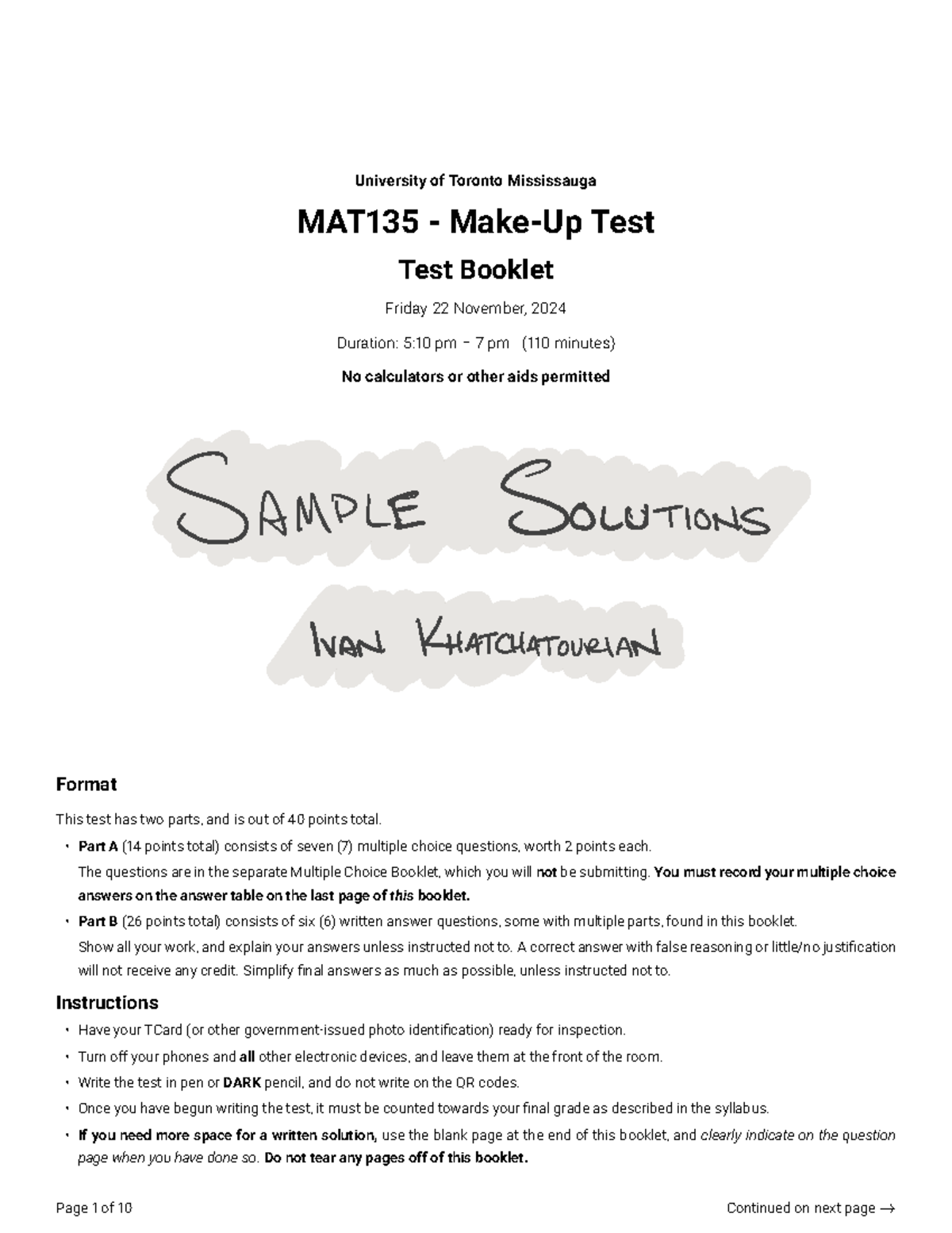 MAT135 F24 Makeup Solutions Test Booklet - Studocu