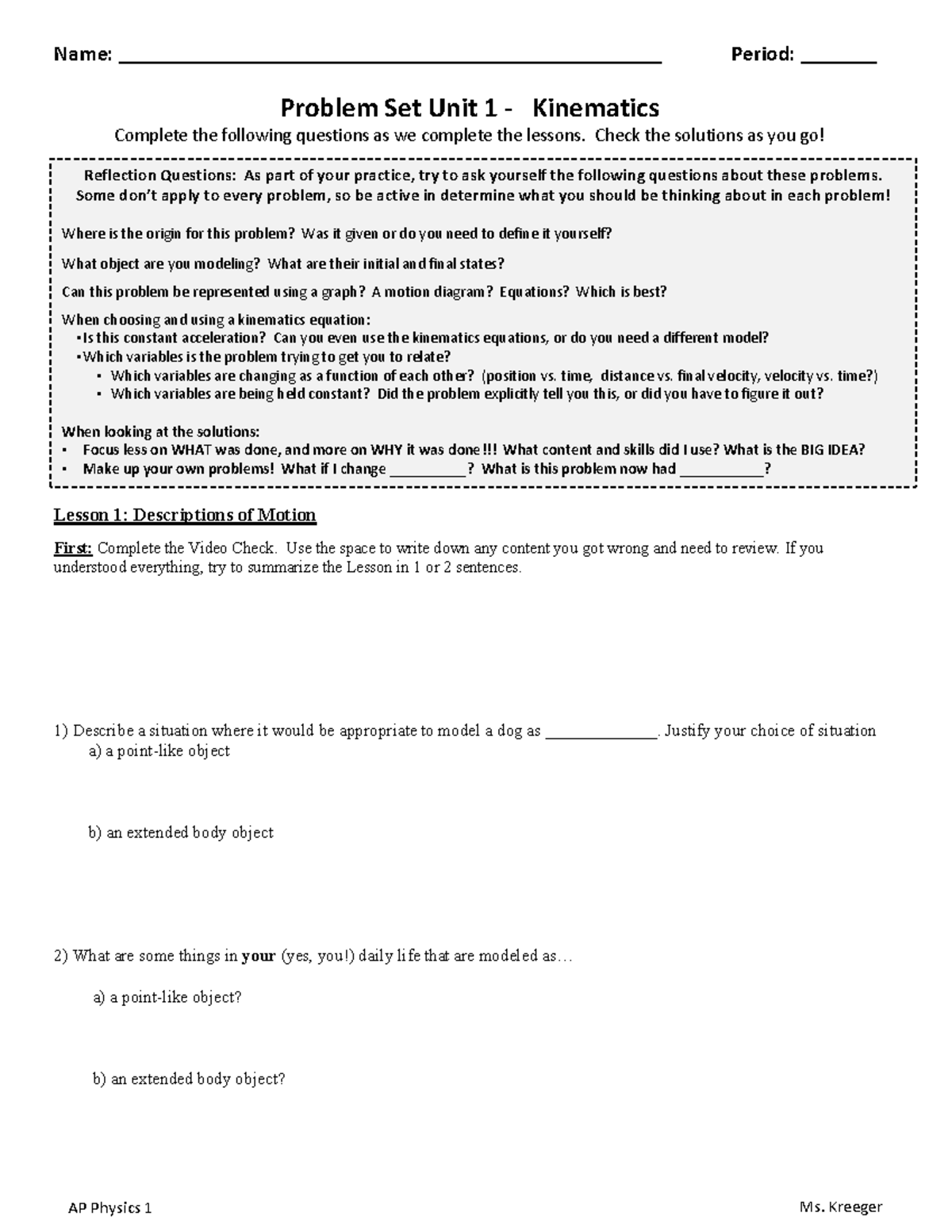Unit 1 Kinematics Problem Set 2025: Practice & Reflection Questions ...