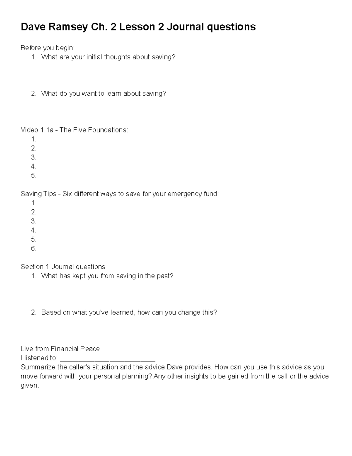 Dave Ramsey Ch. 2 - Saving Insights & Journal Questions - Studocu