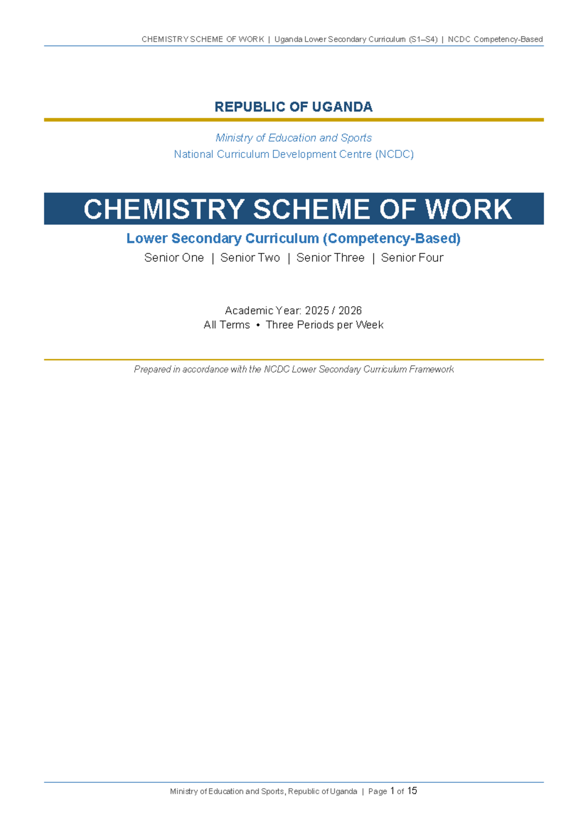 Chemistry Scheme of Work for Lower Secondary (S1-S4) Uganda Curriculum ...