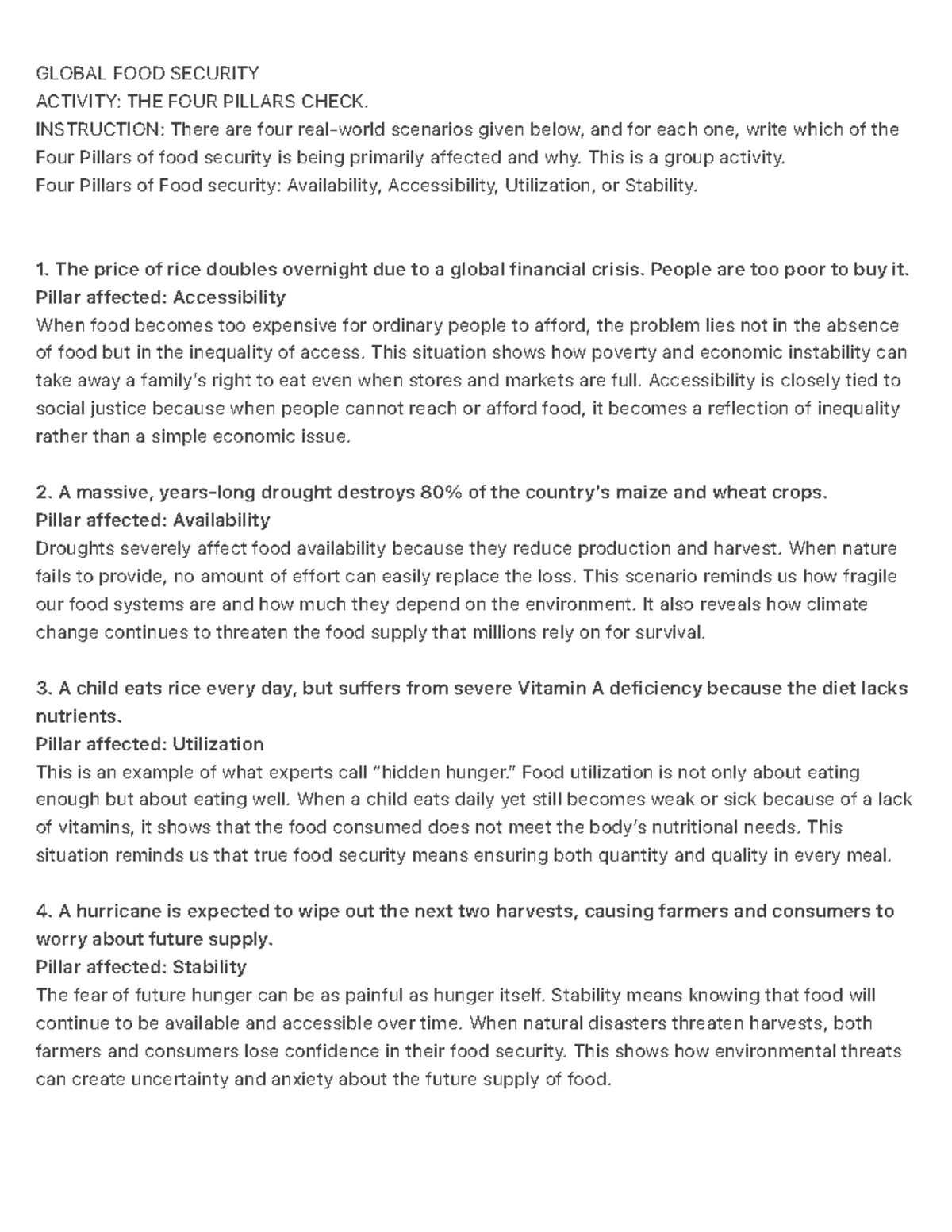Group 10: Global Food Security Activity - Four Pillars Analysis - Studocu