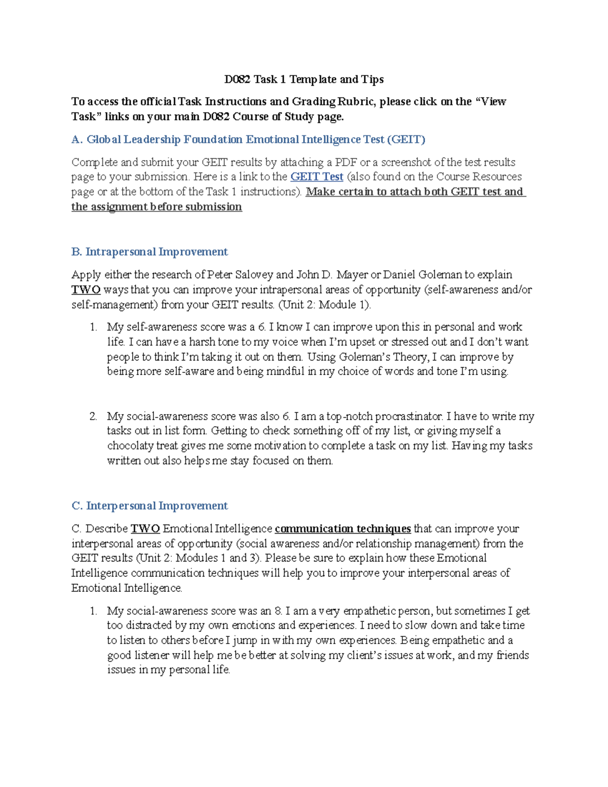 D082 Assignment 1: Enhancing Emotional Intelligence from GEIT Results ...