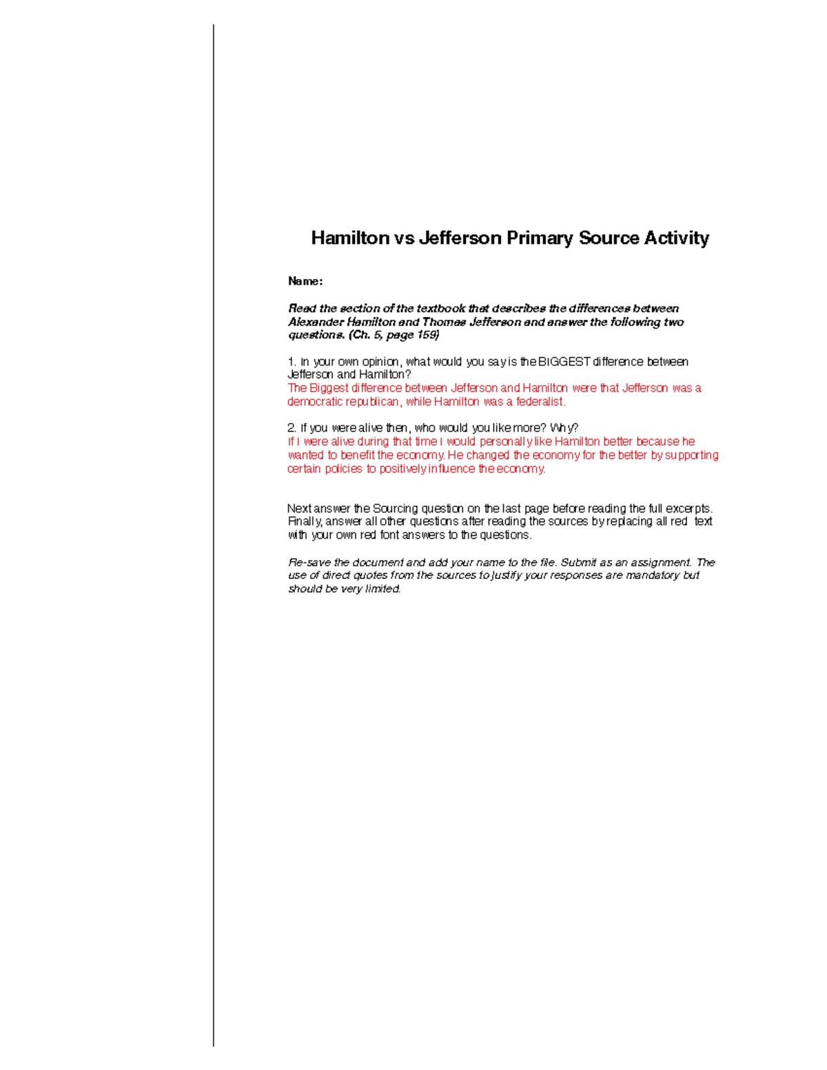 Hamilton vs Jefferson Primary Source Activity 1-2: Analyzing Letters ...