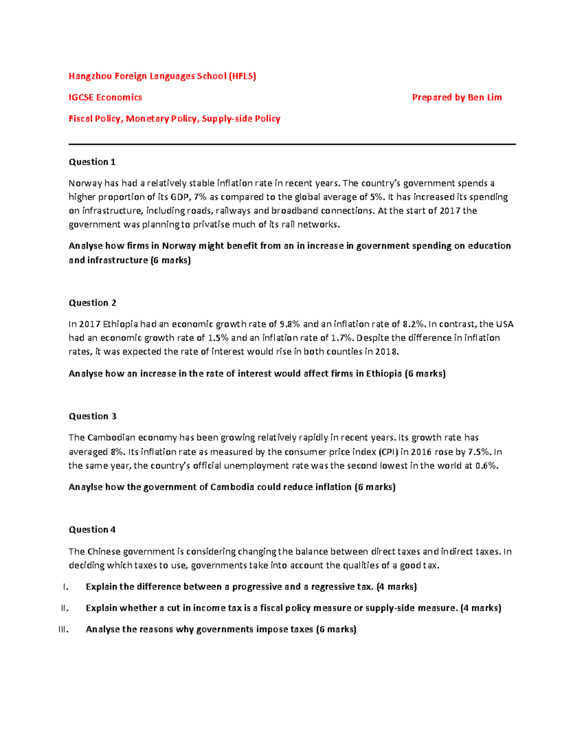 Igcse Economics Questions on Fiscal, Monetary & Supply-Side Policies ...