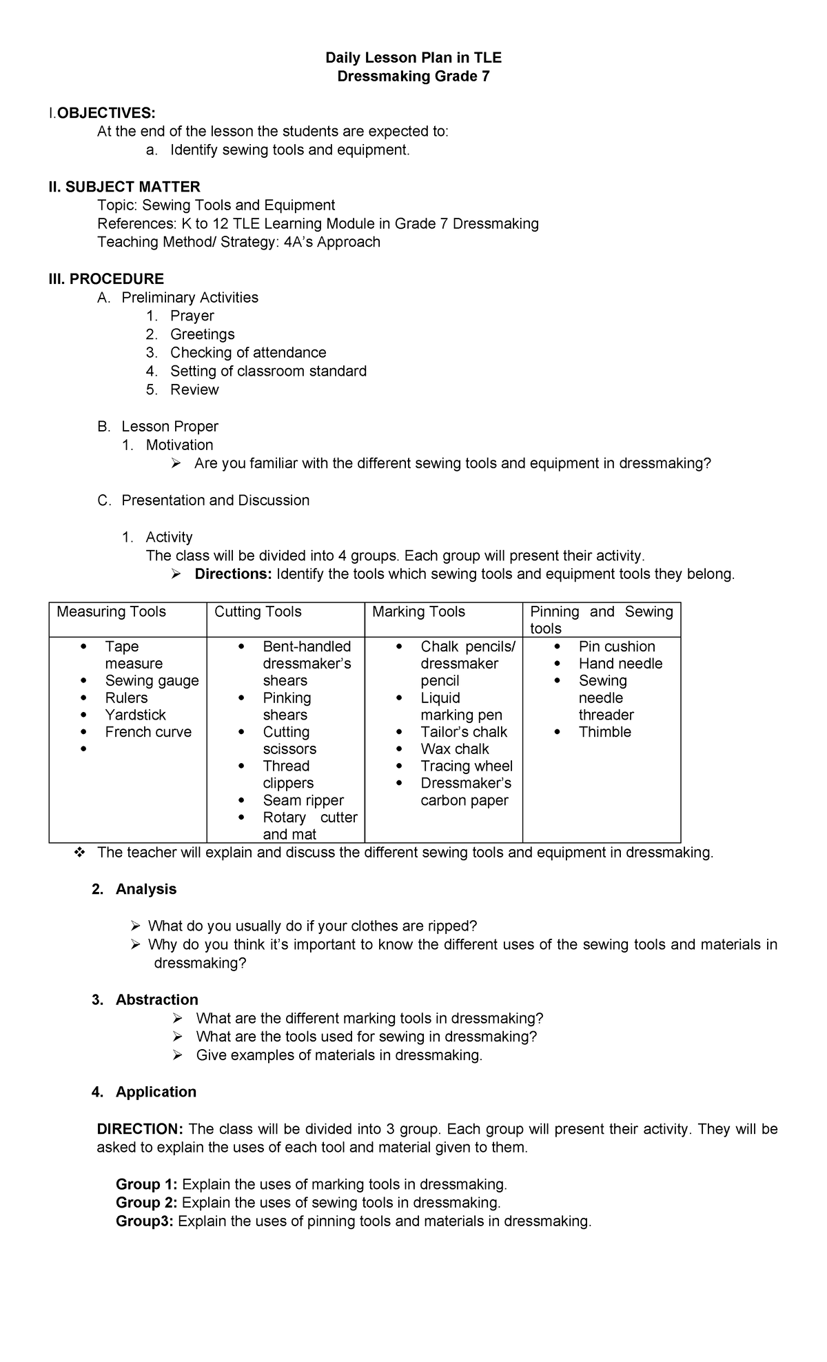 DLP: Lesson Plan on Sewing Tools in Dressmaking for Grade 7 - Studocu