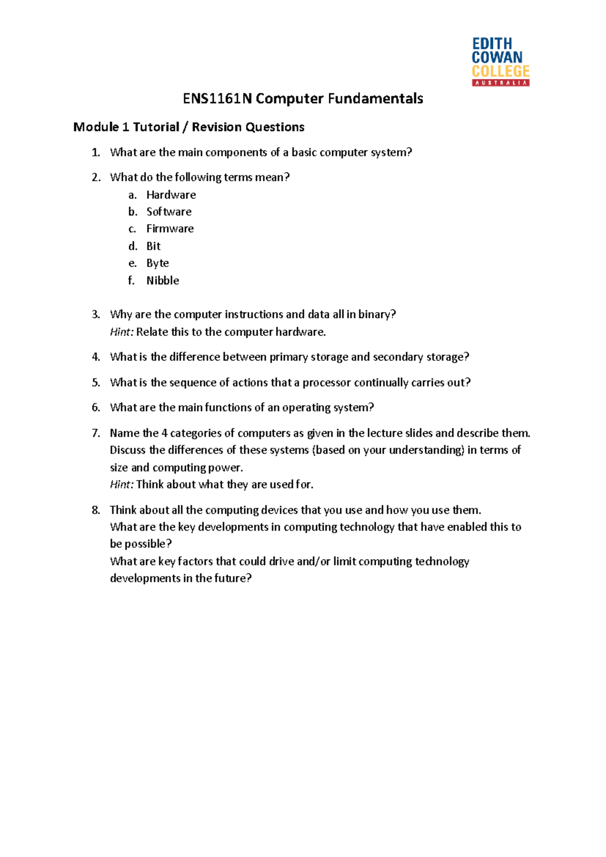 Module 1 Tutorial-Revision Questions - ENS1161N Computer Fundamentals ...