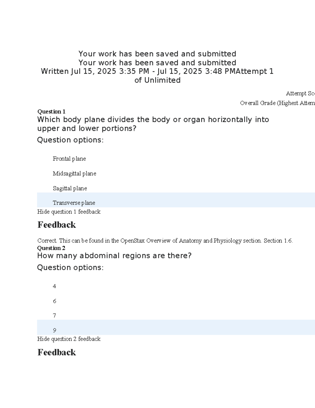 Quiz 2 - Anatomy and Physiology Overview (Course Code: ANAT101) - Studocu