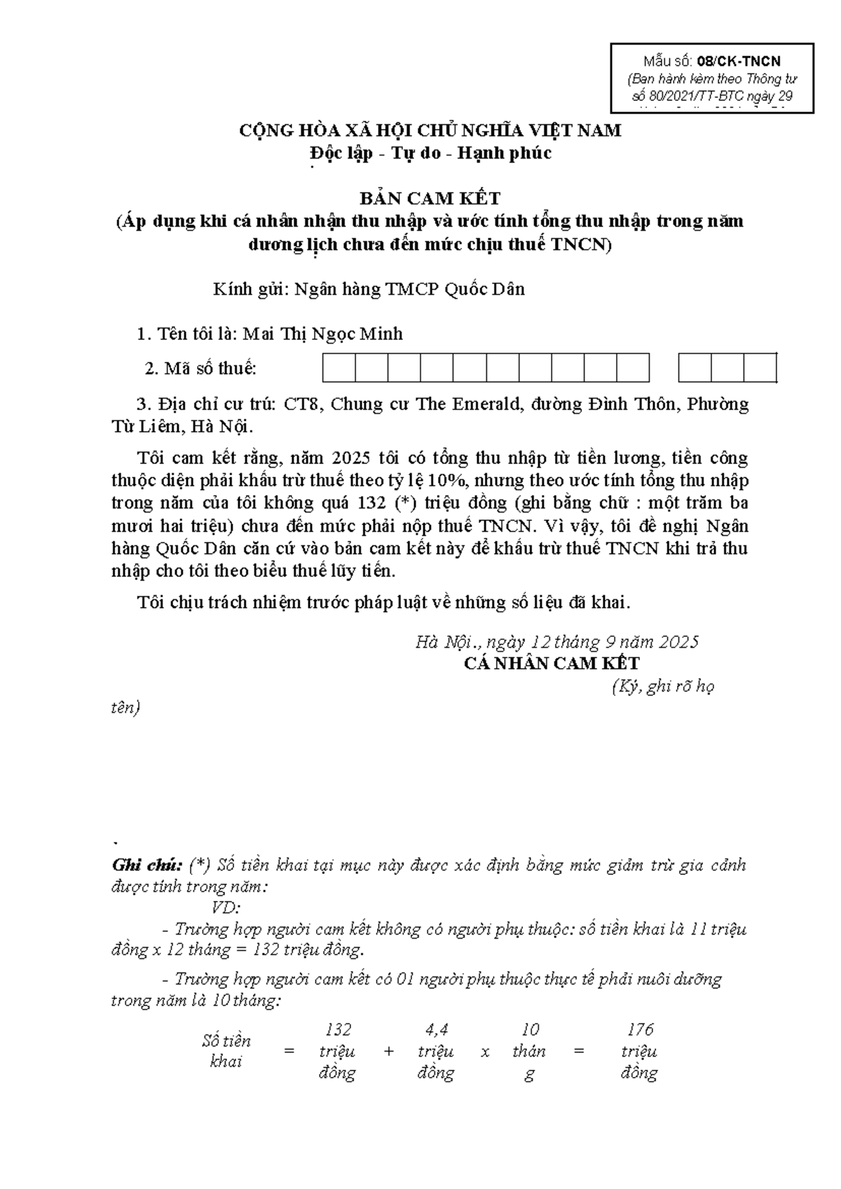 Bản Cam Kết Thu Nhập Cá Nhân Mẫu Số 08 - CK-TNCN - Studocu