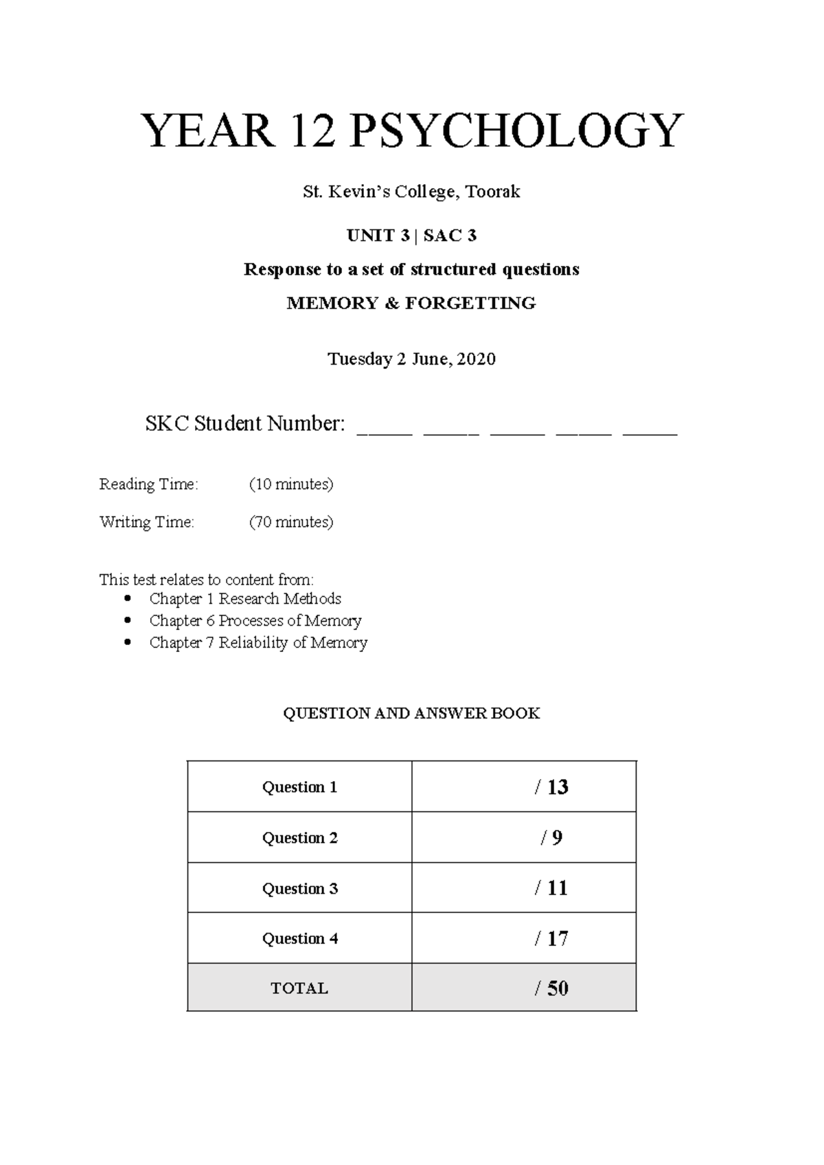 Year 12 Psychology Unit 3 SAC 3: Memory & Forgetting Questions - Studocu