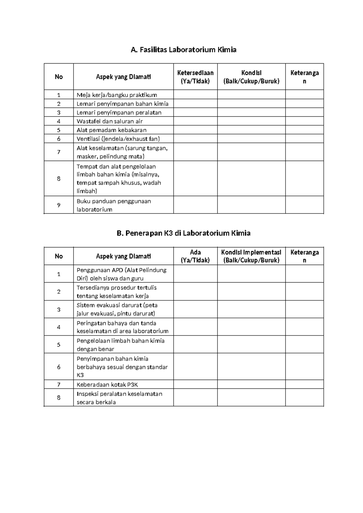 Instrumen Observasi Laboratorium Kimia: Ketersediaan dan K3 - Studocu