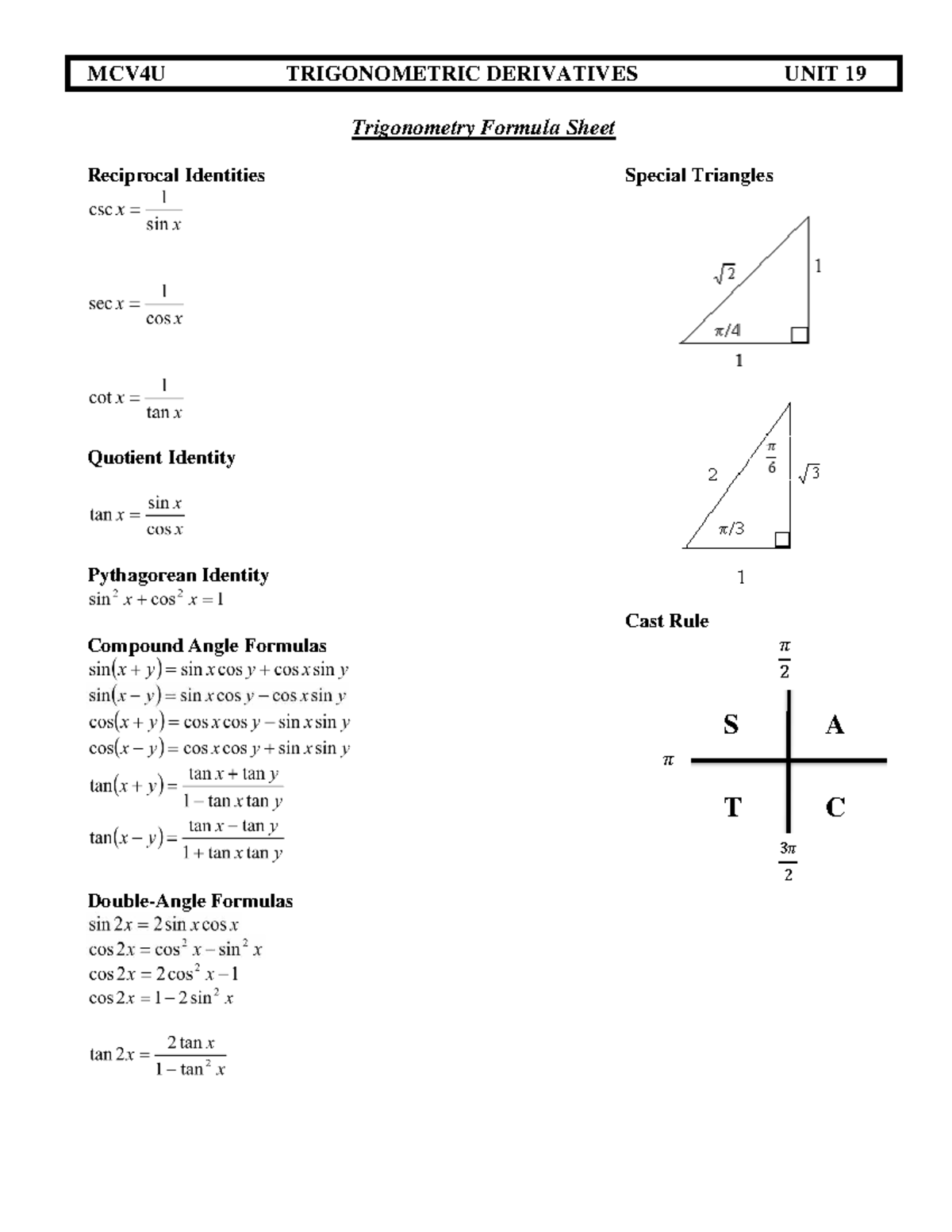 19 Trig Identities - calculus - MCV4U TRIGONOMETRIC DERIVATIVES UNIT 19 ...
