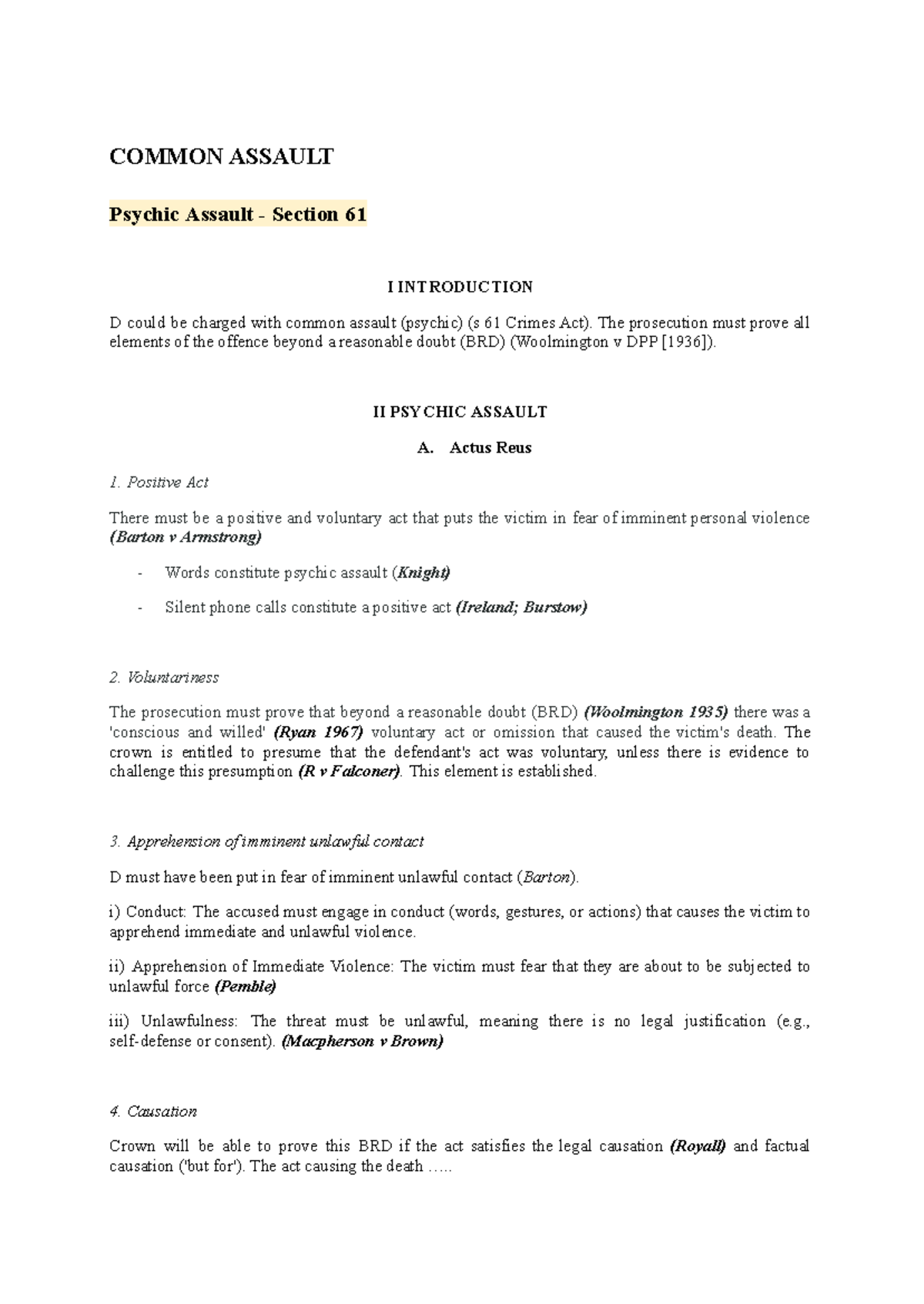 COMMON ASSAULT & AGGRAVATED ASSAULT: Legal Framework & Analysis - Studocu