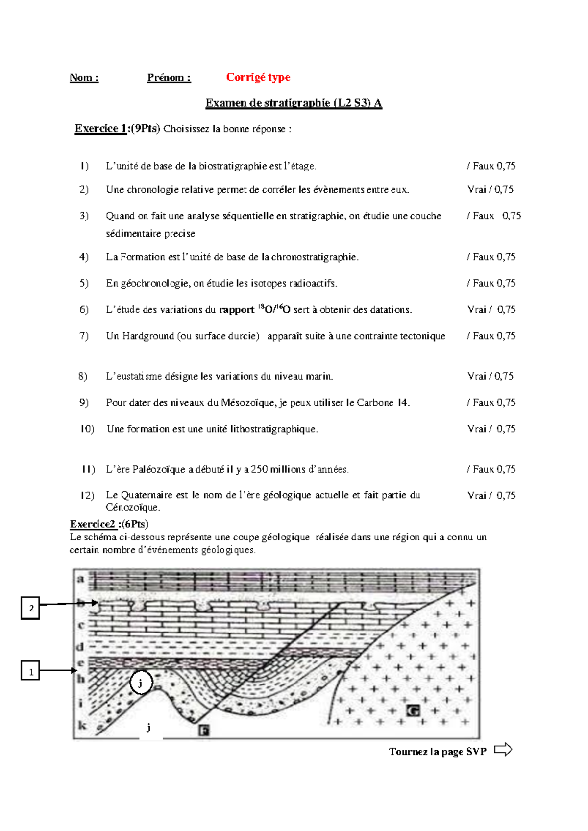 Corrigé type Examen de Stratigraphie (L2 S3) - QCM et Exercices - Studocu