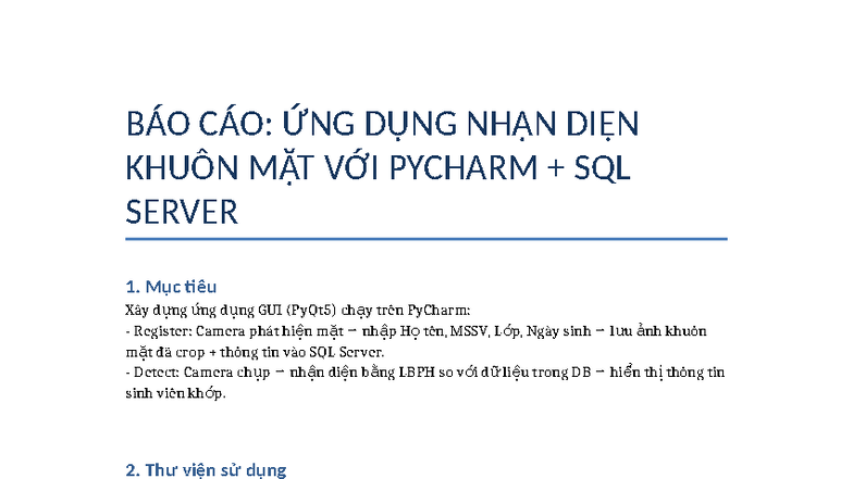 Báo Cáo: Ứng Dụng Nhận Diện Khuôn Mặt với PyCharm và SQL Server - Studocu
