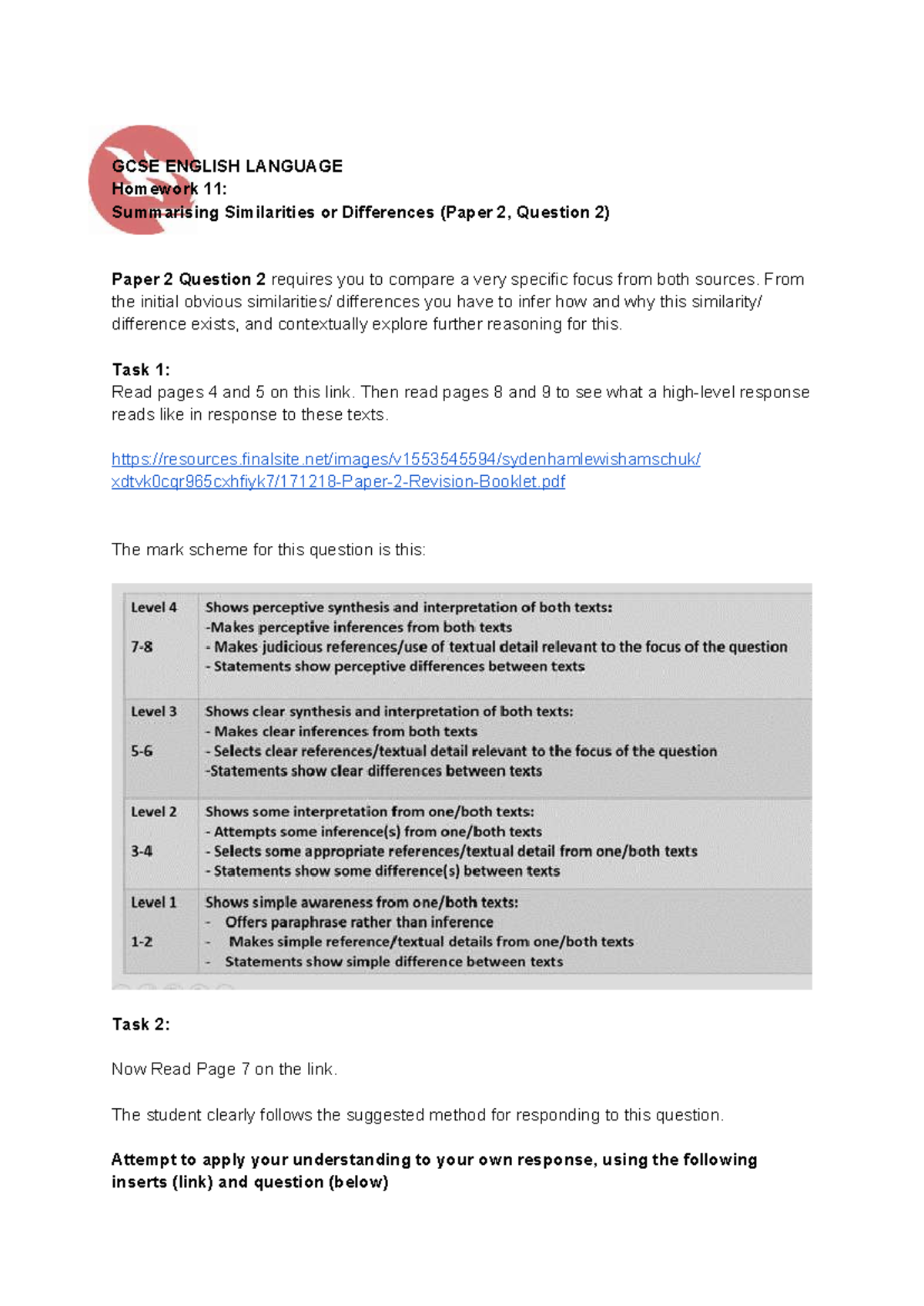 GCSE ENGLISH LANGUAGE Homework 11: Summarising Similarities ...